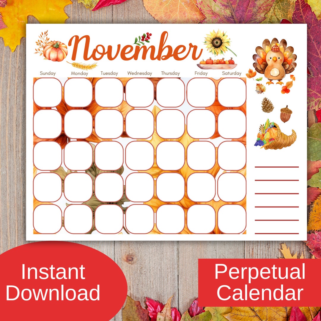 Thanksgiving -themed Perpetual Calendar for November | Countdown, Chore ...