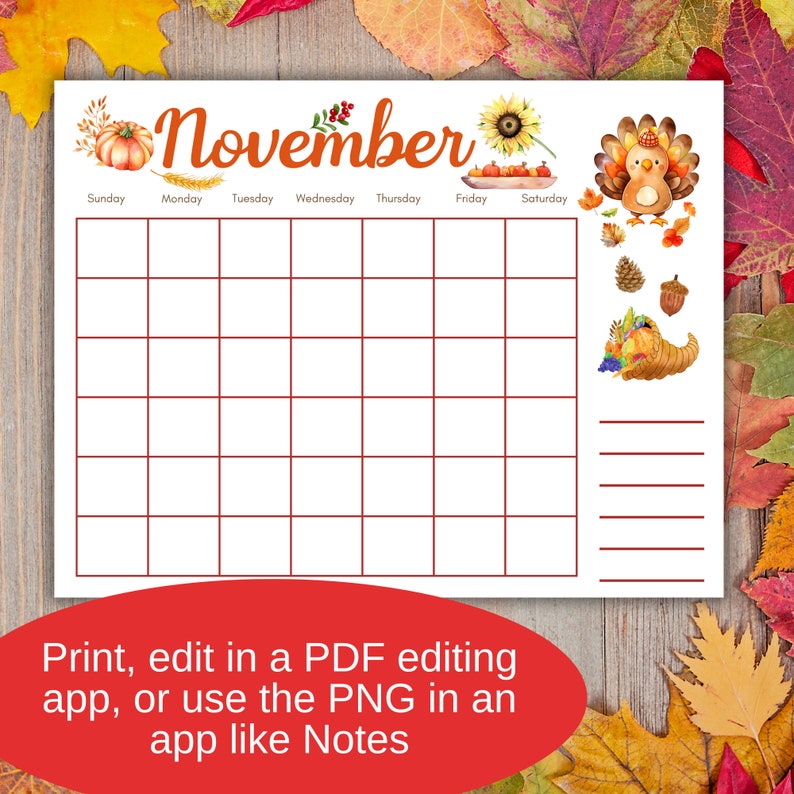 Thanksgiving -themed Perpetual Calendar for November | PDF Fillable ...