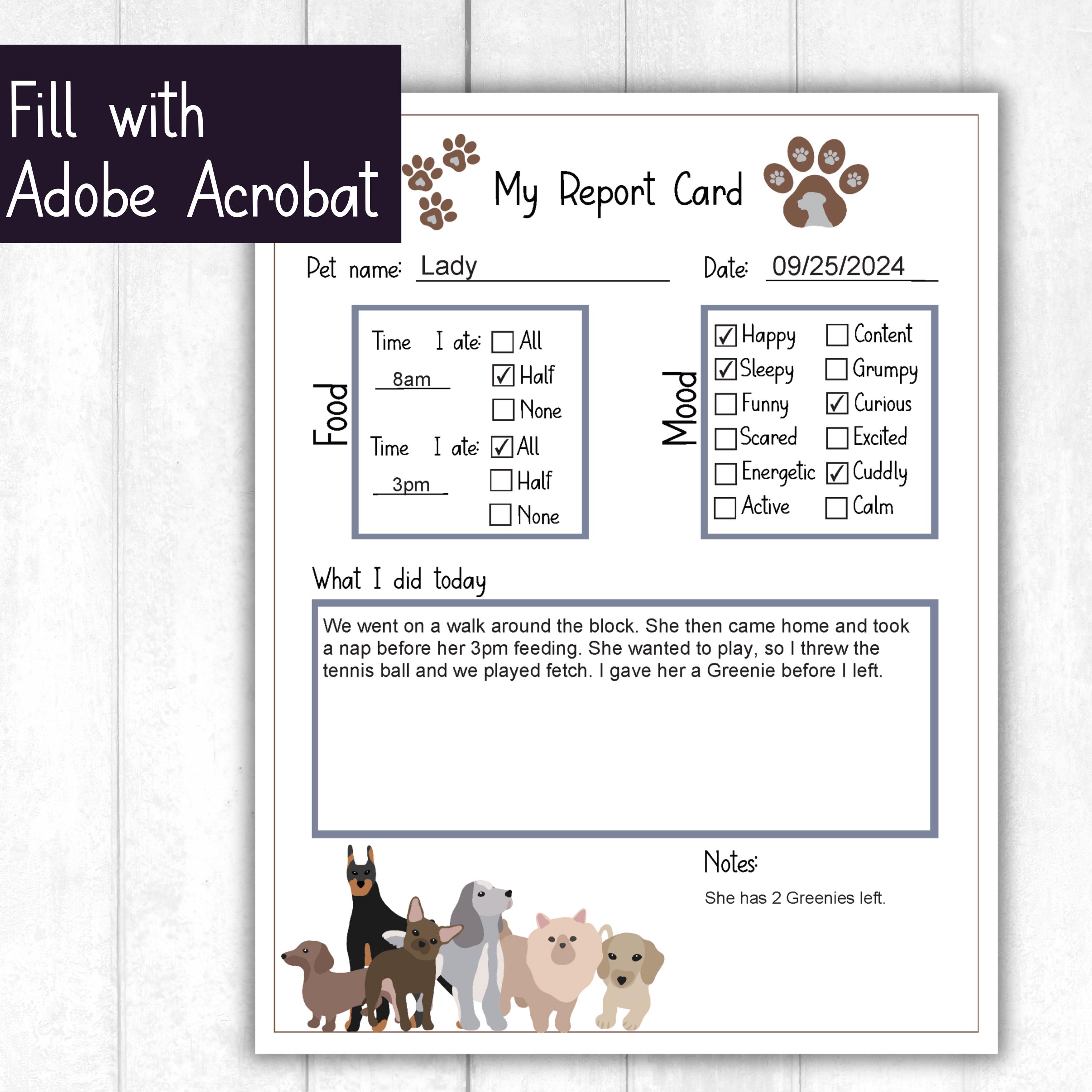 Pet Report Card – Instant Download - Fillable PDF & Eco-friendly ...