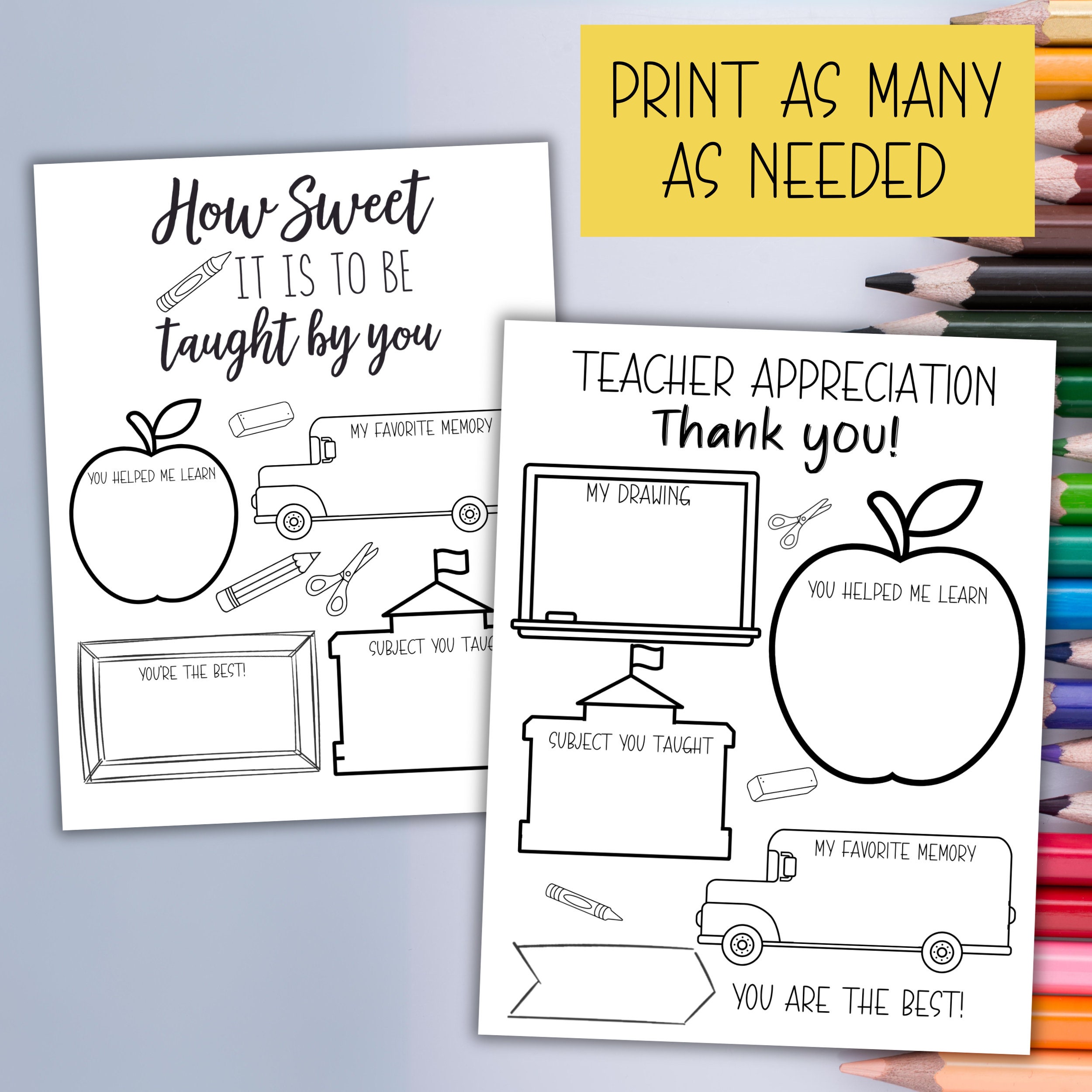 Teacher Appreciation Black and White Printable Sheets (set of 2) - Etsy