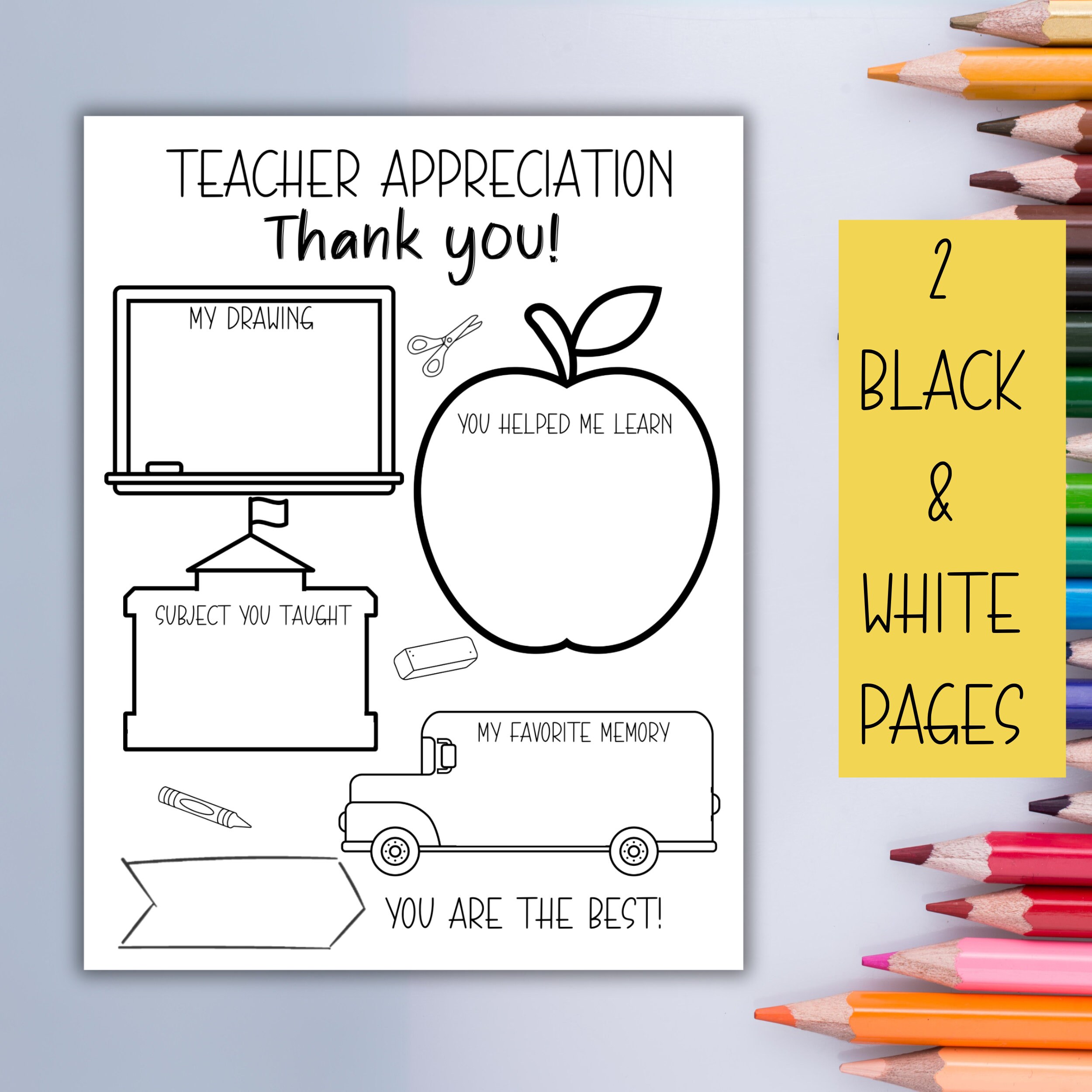 Teacher Appreciation Black and White Printable Sheets (set of 2) - Etsy