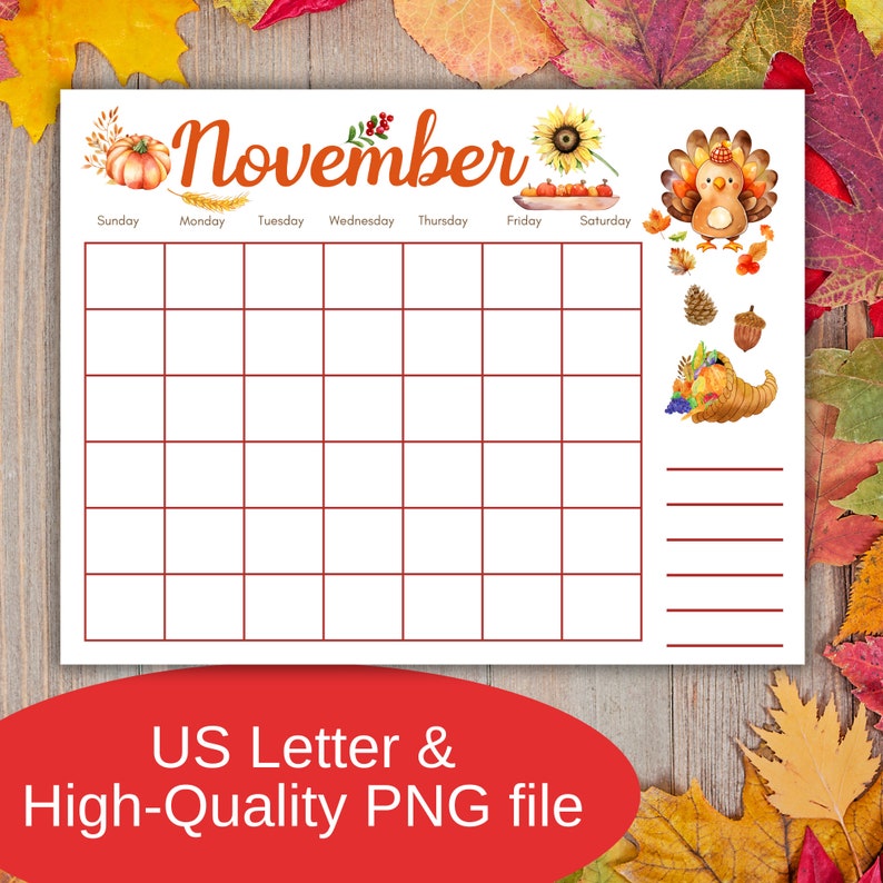 Thanksgiving -themed Perpetual Calendar for November | PDF Fillable ...