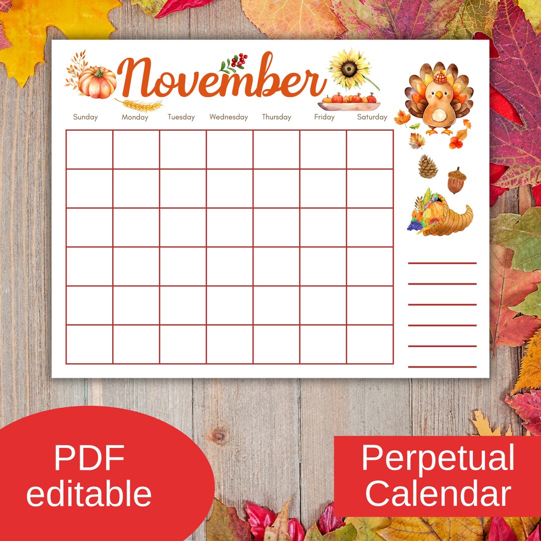 Thanksgiving -themed Perpetual Calendar for November | PDF Fillable ...