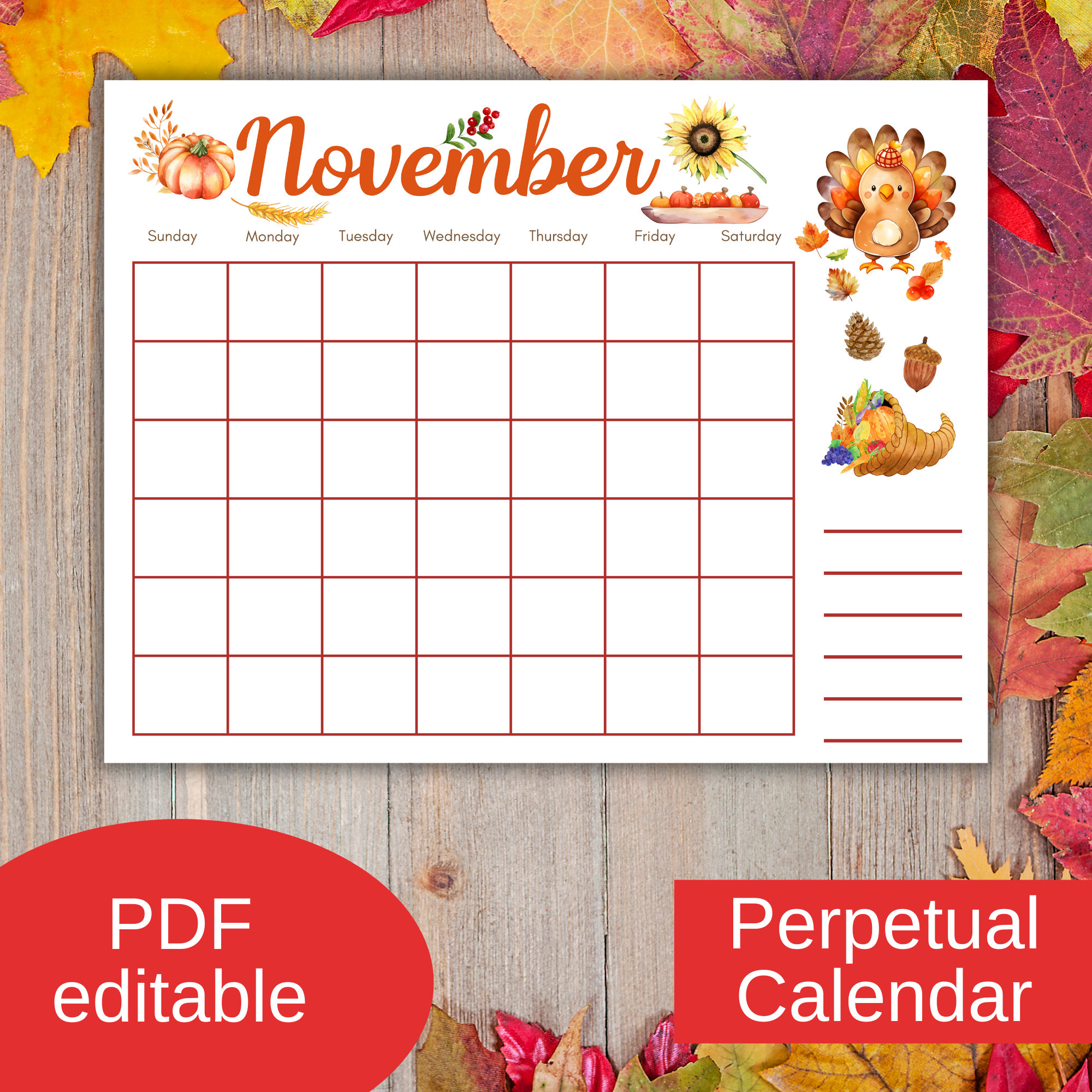 Thanksgiving -themed Perpetual Calendar for November | PDF Fillable ...