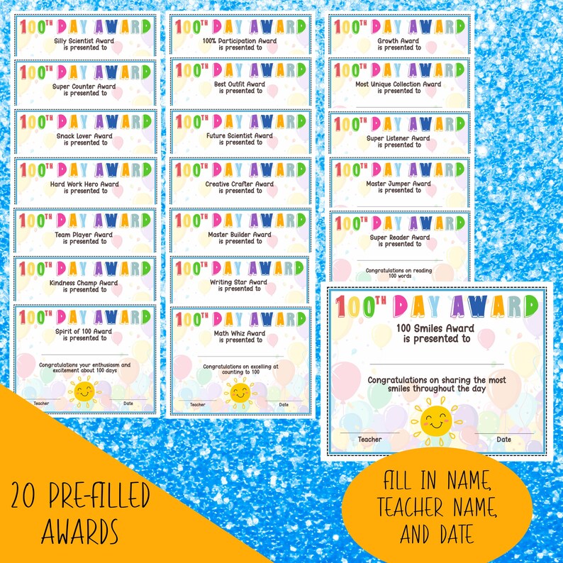 100th Day of School Fillable Certificates & Awards PDF Bundle ...
