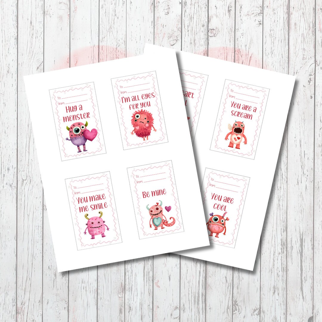 Valentine's Day Cards With Cartoon Monsters, Printable, Class ...