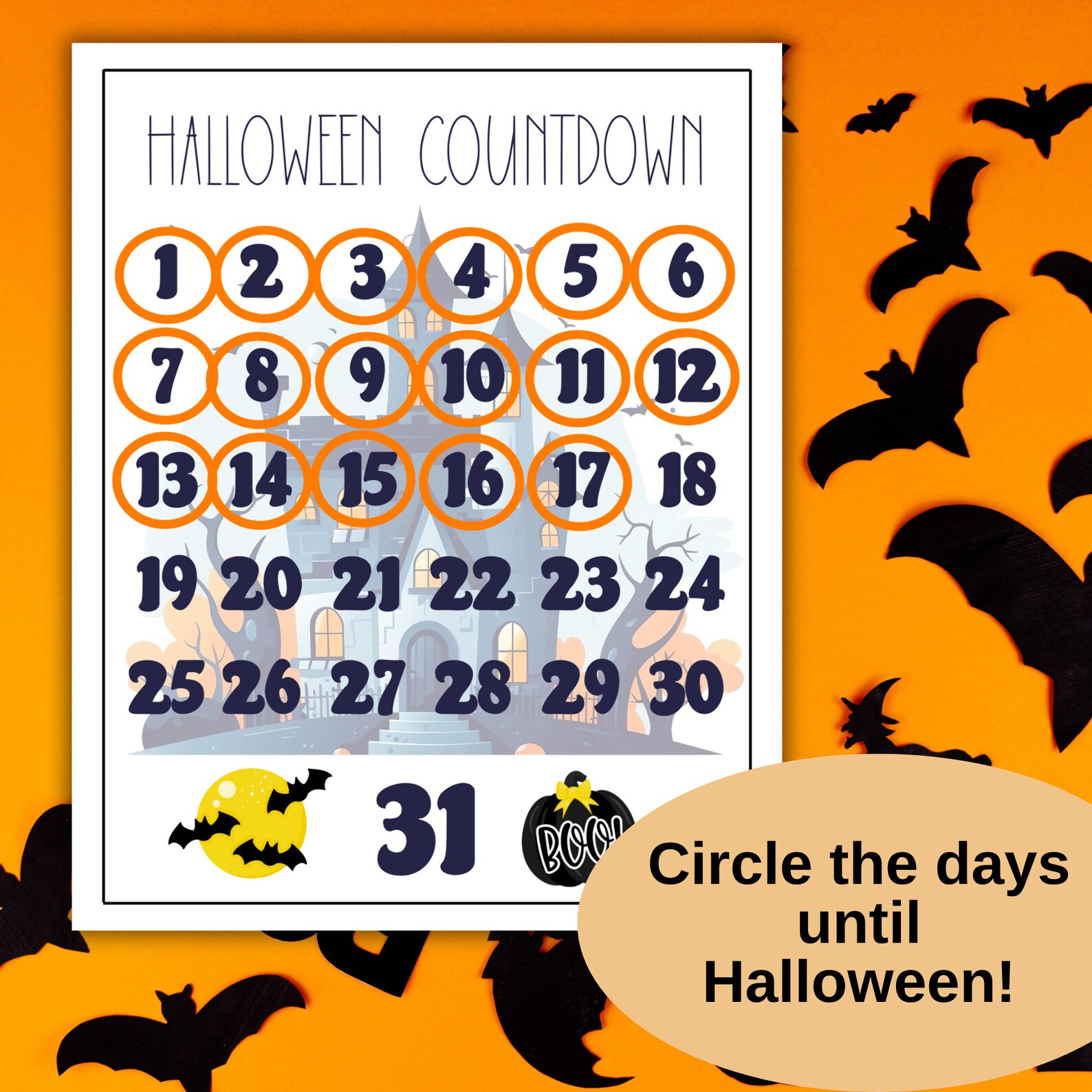 Halloween Calendar Countdown - Printable PDF - 4 Sizes - Etsy
