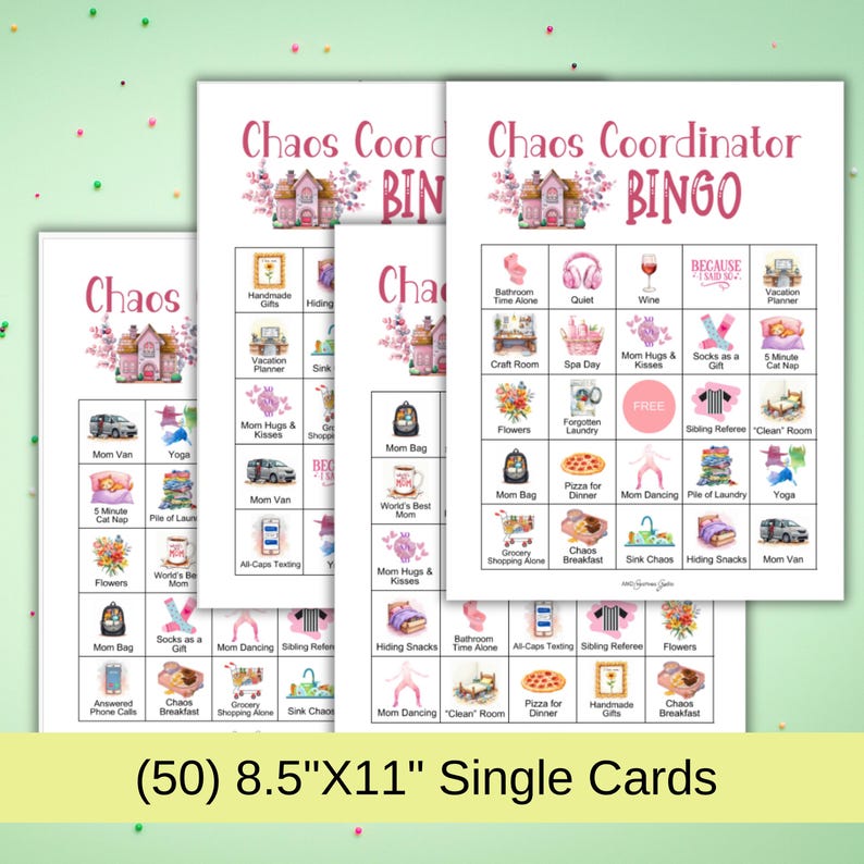 Mother's Day Bingo - Chaos Coordinator - Family Games - Game Night - 50 Cards - 5"x7" and 8.5 ...