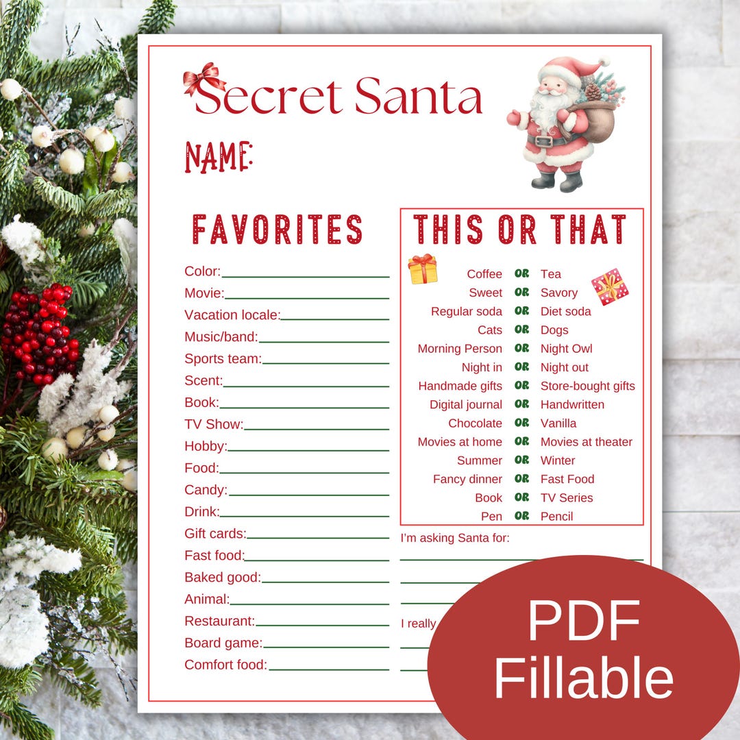 Secret Santa Questionnaire Fillable PDF for Adobe Acrobat Fill in and ...