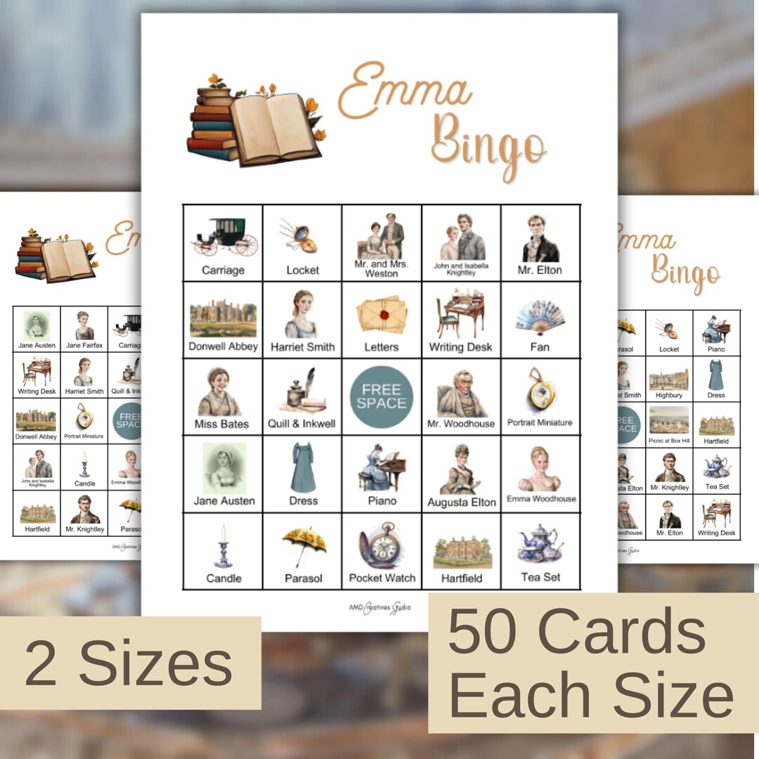 Jane Austen Novel - Emma Themed Bingo Game - Book Club, Classroom ...