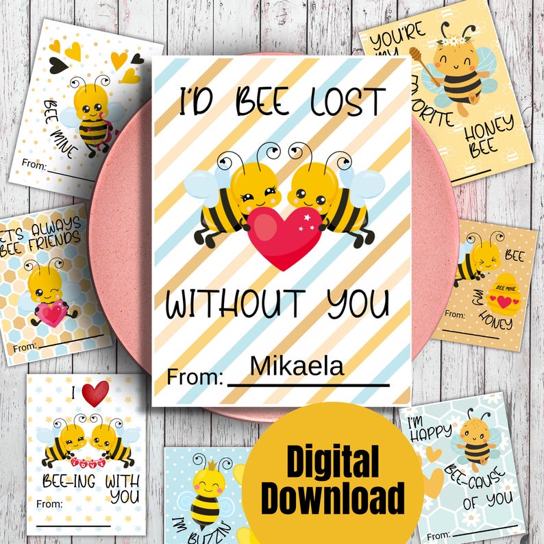 Bee Valentine Printable | PDF Fillable | 8 Unique Designs | Classroom ...