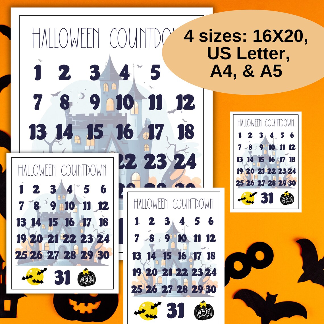 Halloween Calendar Countdown - Printable PDF - 4 Sizes - Etsy