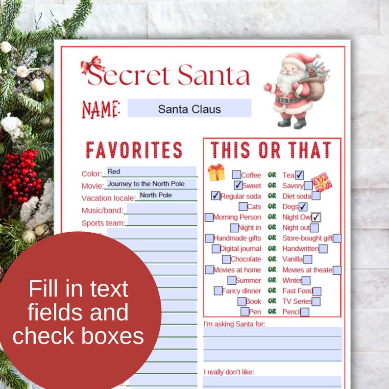 Secret Santa Questionnaire Fillable PDF for Adobe Acrobat Fill in and ...