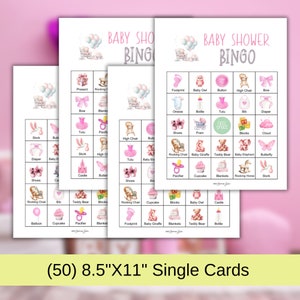 Baby Shower Bingo - Girl Themed - Single Page and Double Page - 50 ...