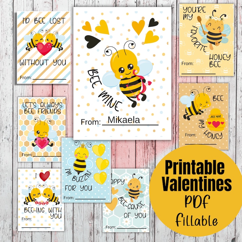 Bee Valentine Printable | PDF Fillable | 8 Unique Designs | Classroom ...