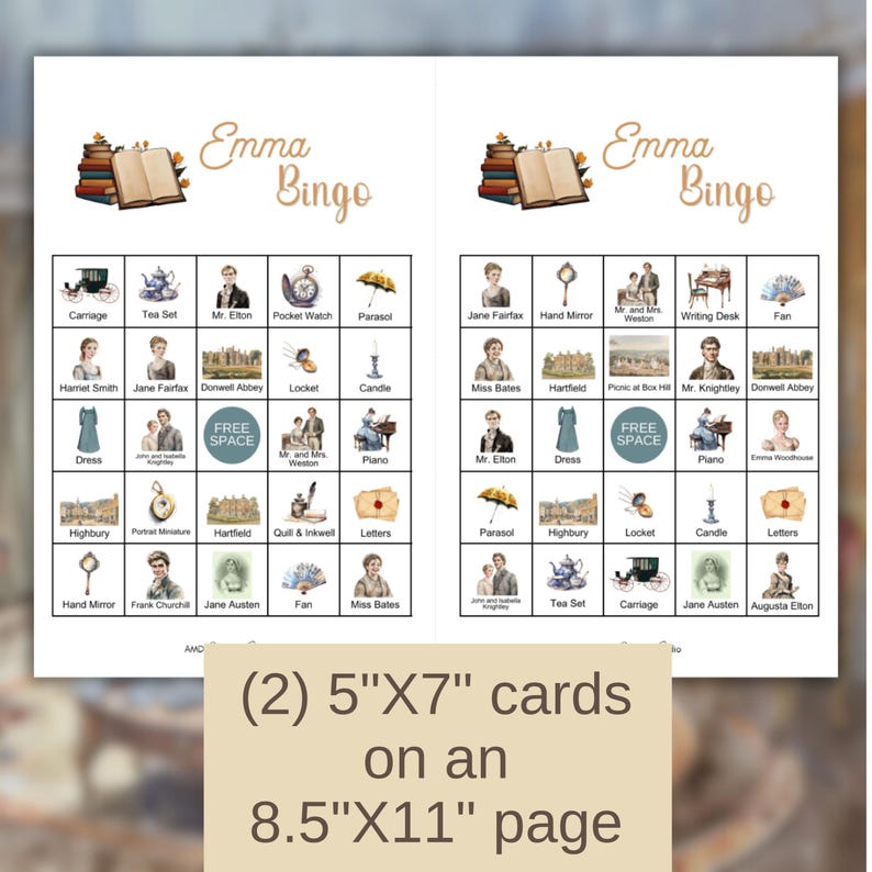 Jane Austen Novel - Emma Themed Bingo Game - Book Club, Classroom ...
