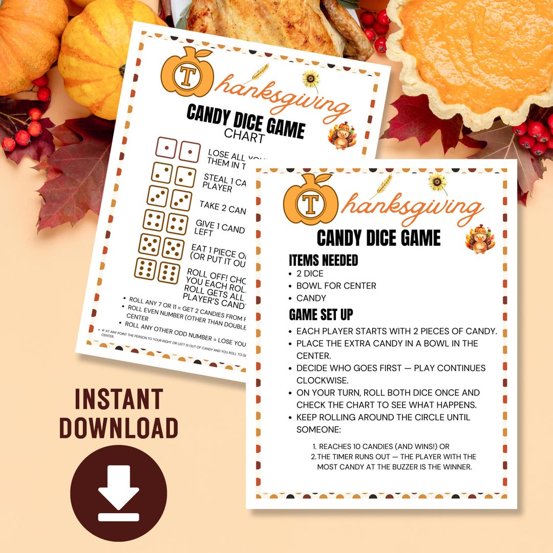 Thanksgiving Candy Dice Game Printable, Fun Family Party Game, Instant ...