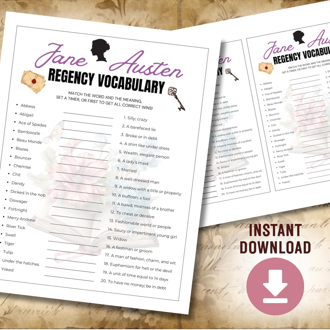 Jane Austen Regency Vocabulary Game, Pride and Prejudice Party Game ...