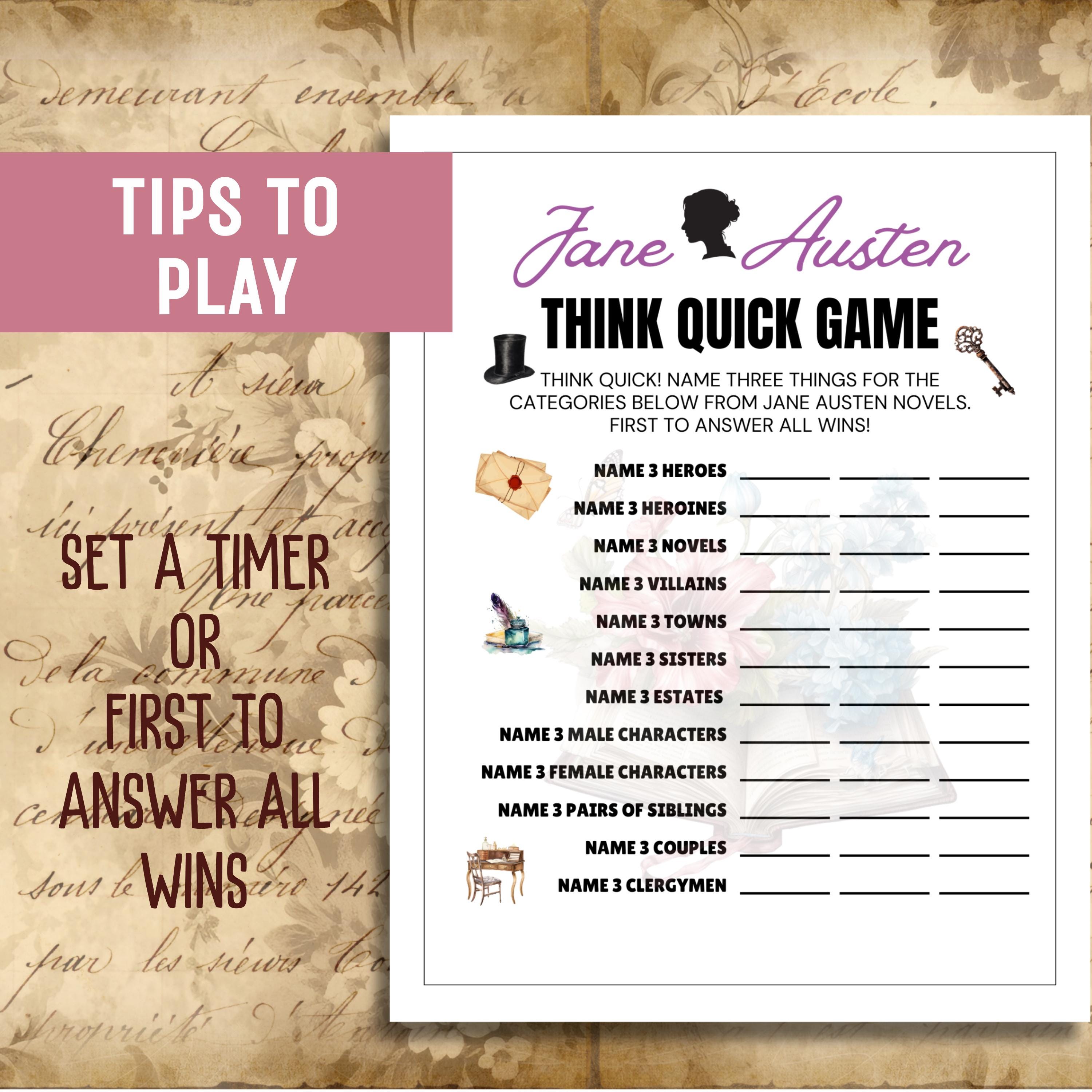 Jane Austen Think Quick Game, Regency Party Game, Literary Trivia ...
