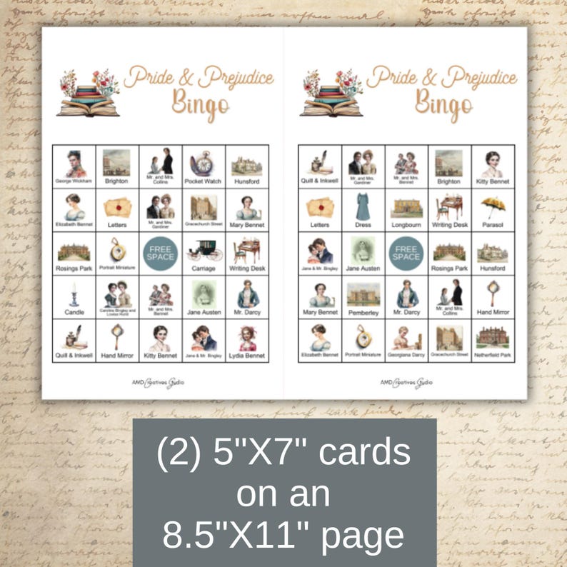Jane Austen - Pride and Prejudice Themed Bingo Game - Book Club ...