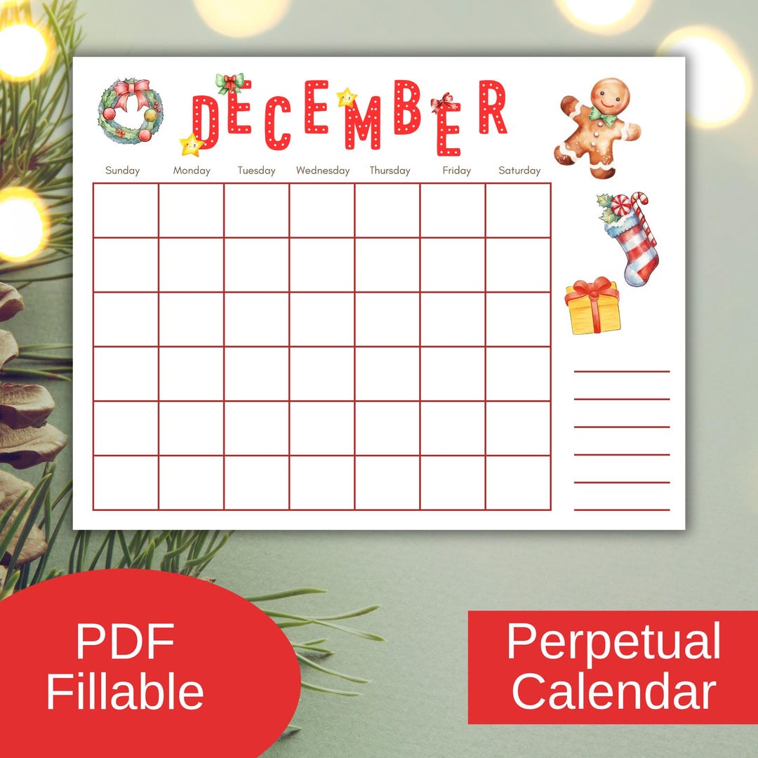 Christmas -themed Perpetual Calendar for December | PDF Editable ...