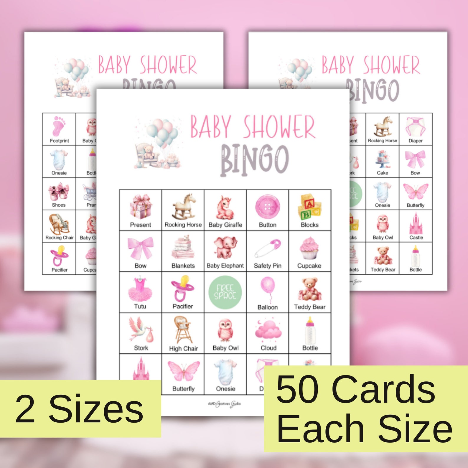Baby Shower Bingo - Girl Themed - Single Page and Double Page - 50 ...