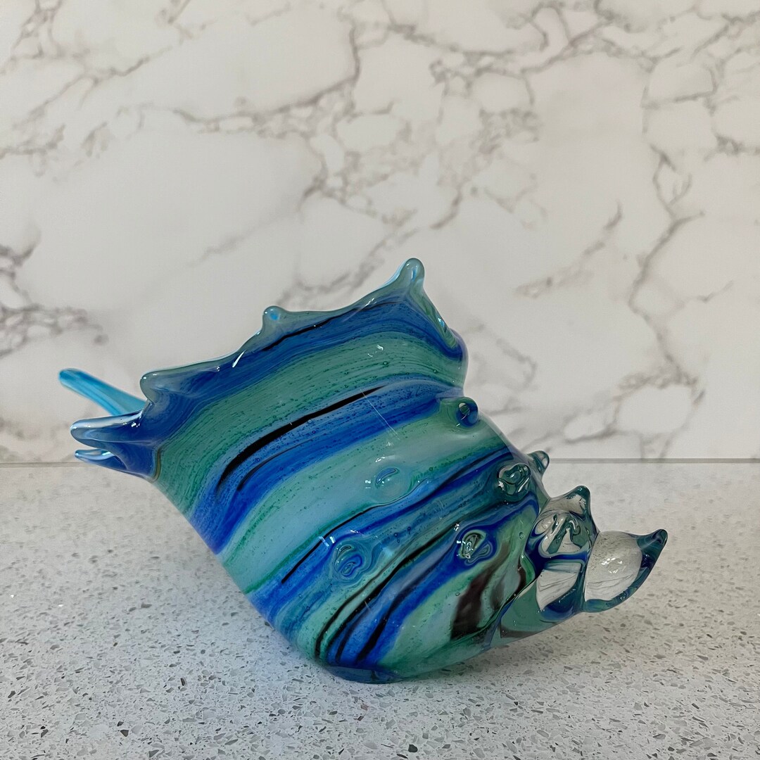 Art Glass Seashell, Blue Striped Murano Style Glass Seashell, Ocean ...