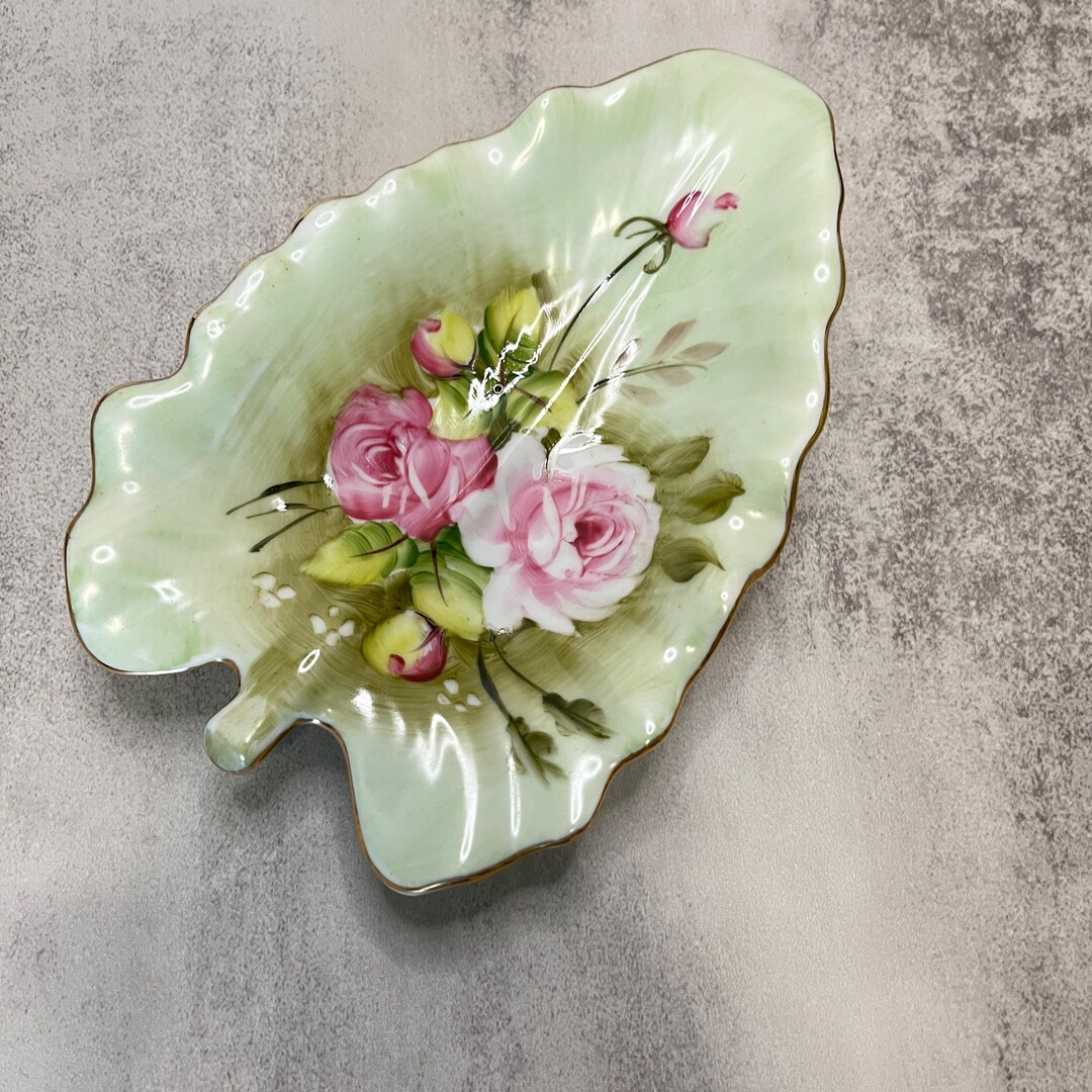 Lefton China Hand Painted Green Cabbage Leaf Rose Trinket Candy Dish ...