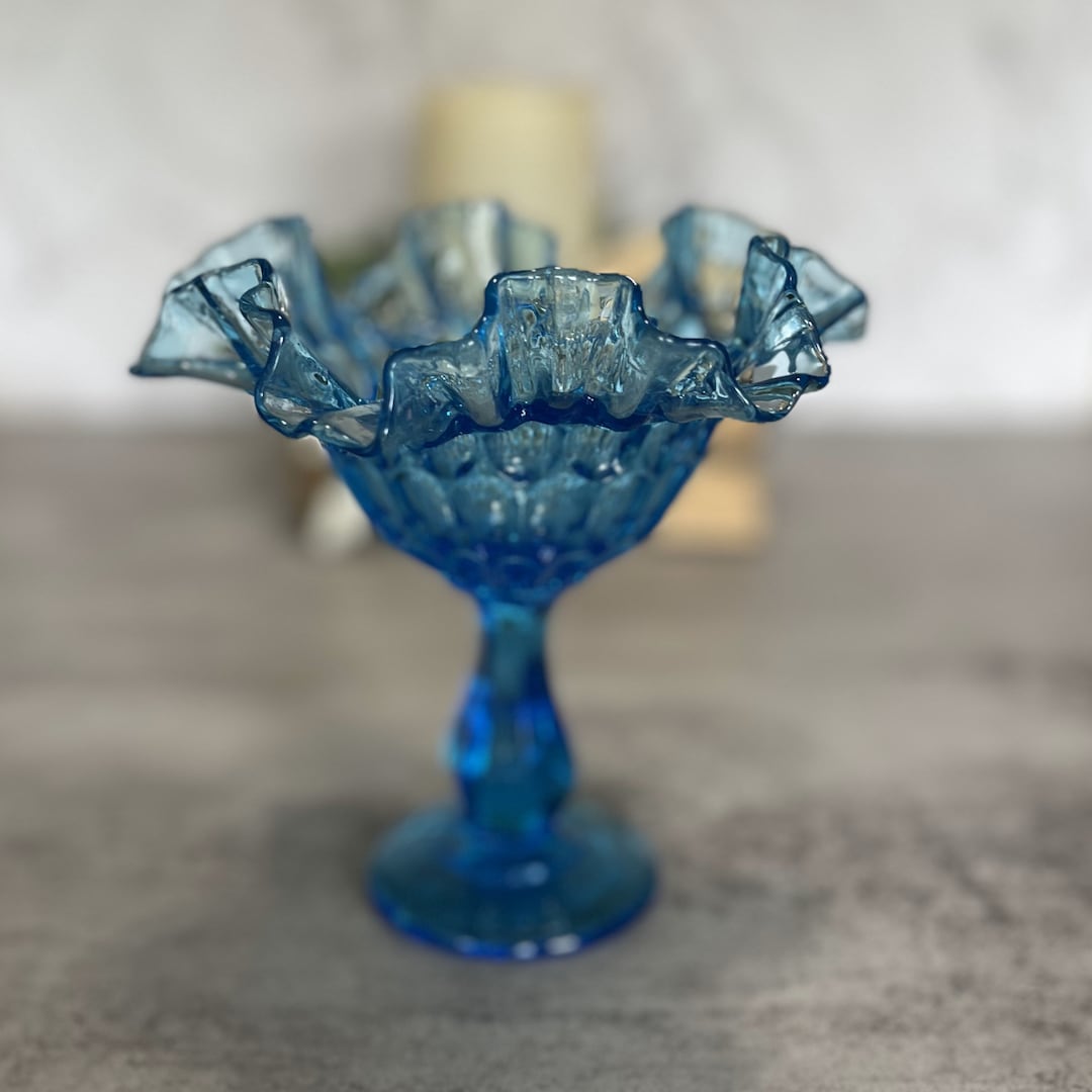 Vintage Fenton Colonial Blue Glass Compote, Pedestal Bowl, Ruffled ...