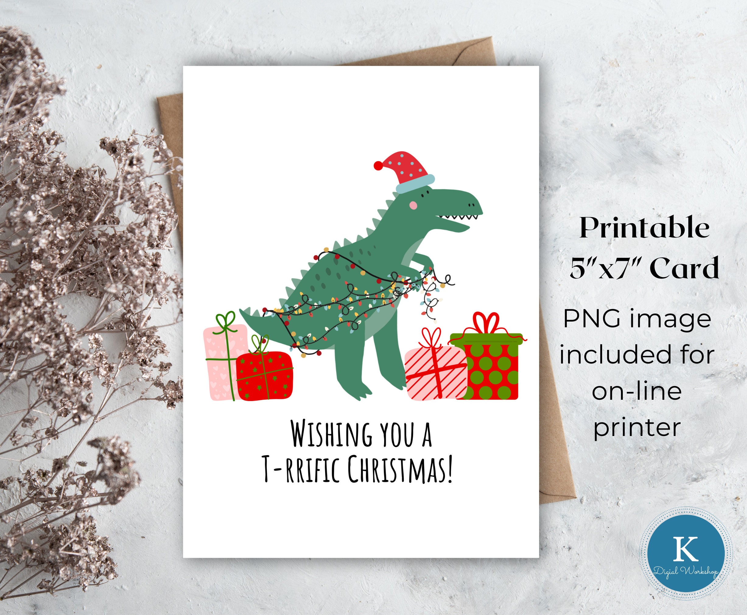 T-rex Dinosaur Christmas Card|digital Download T-rrific Christmas ...