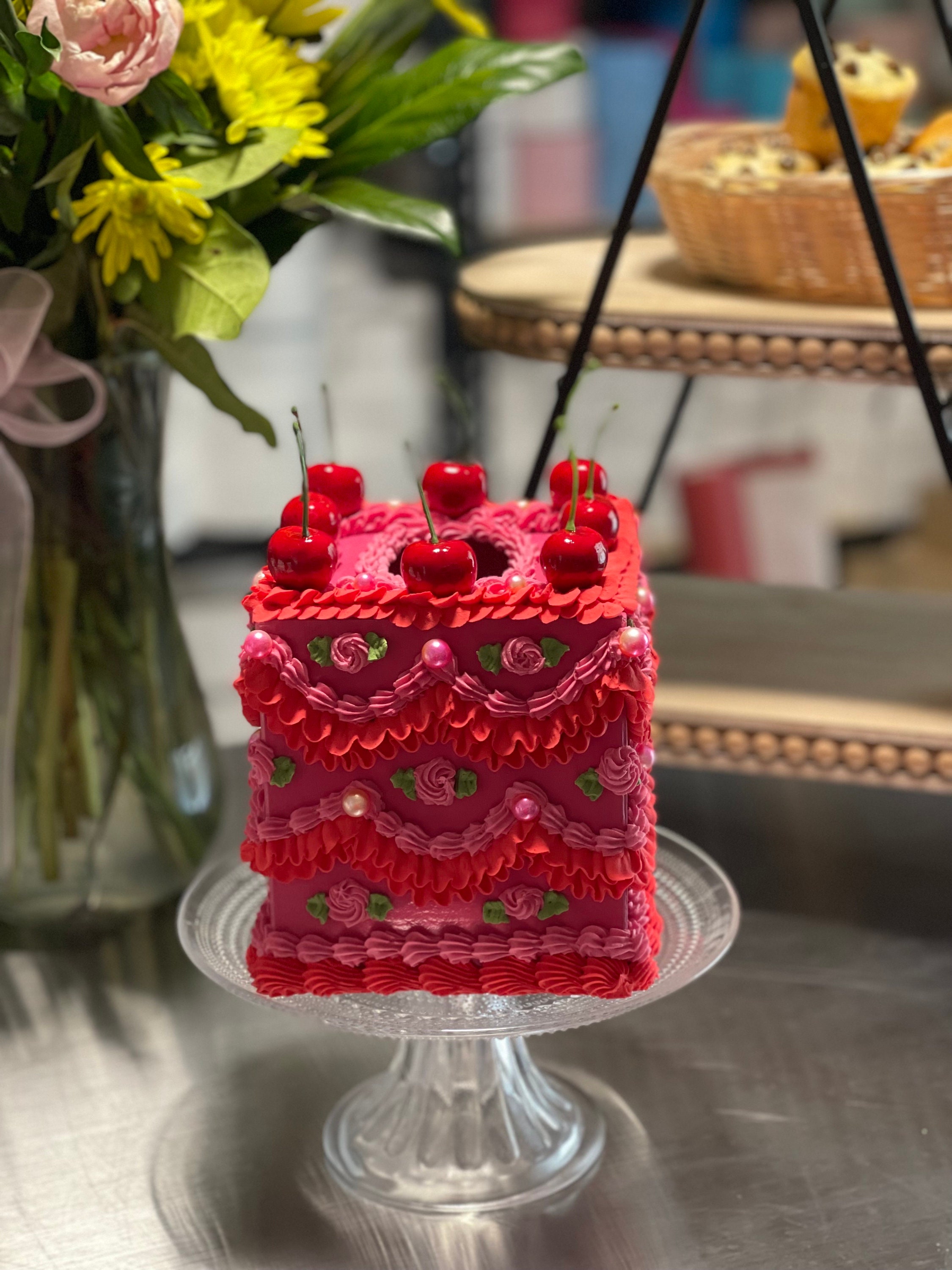 Red and Pink Cherry and Rosette Faux Cake Tissue Box - Etsy