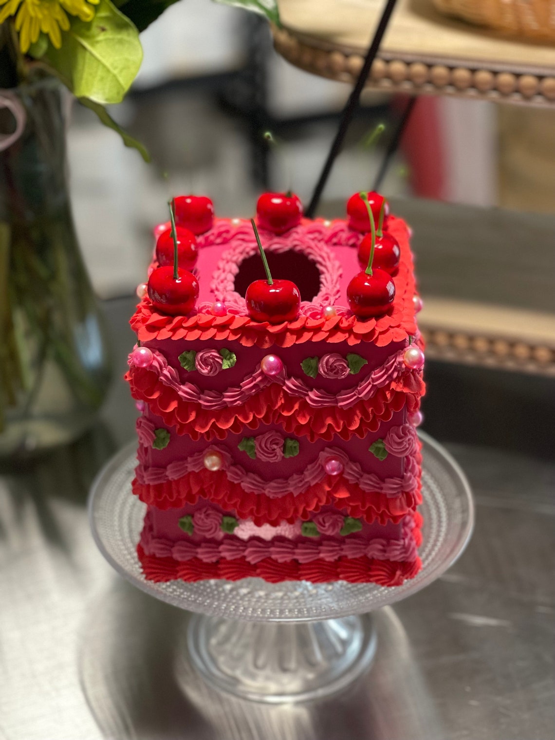 Red and Pink Cherry and Rosette Faux Cake Tissue Box - Etsy