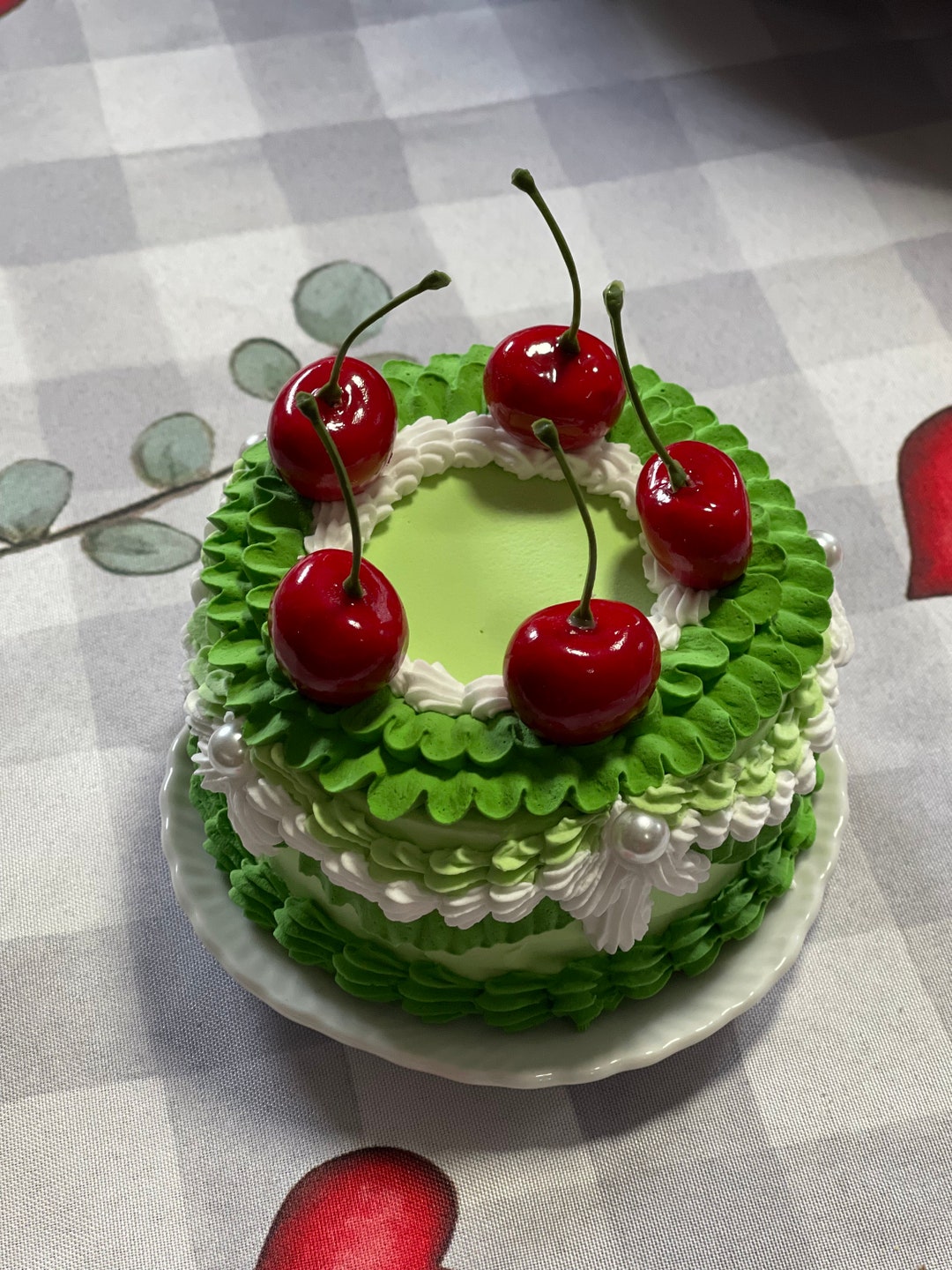 Small Two Toned Green Vintage Cake With Cherries/fake Cake/faux Cake - Etsy