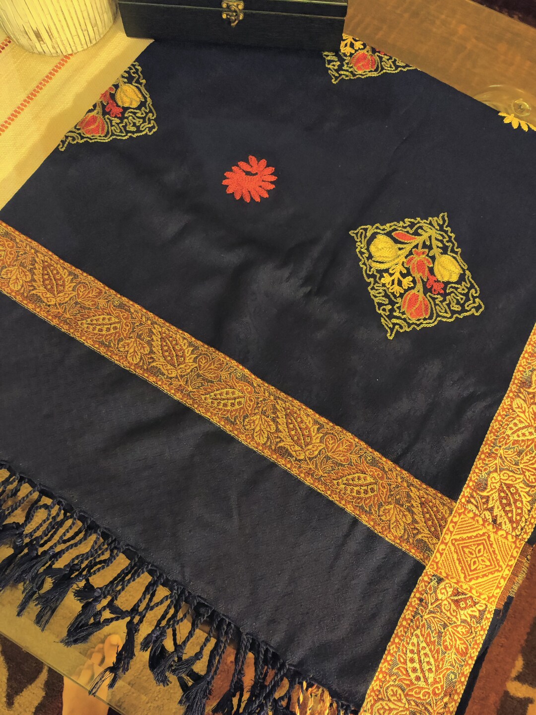 Pakistani Traditional Elegant Woolen Shawl With Multi-color Embroidery ...