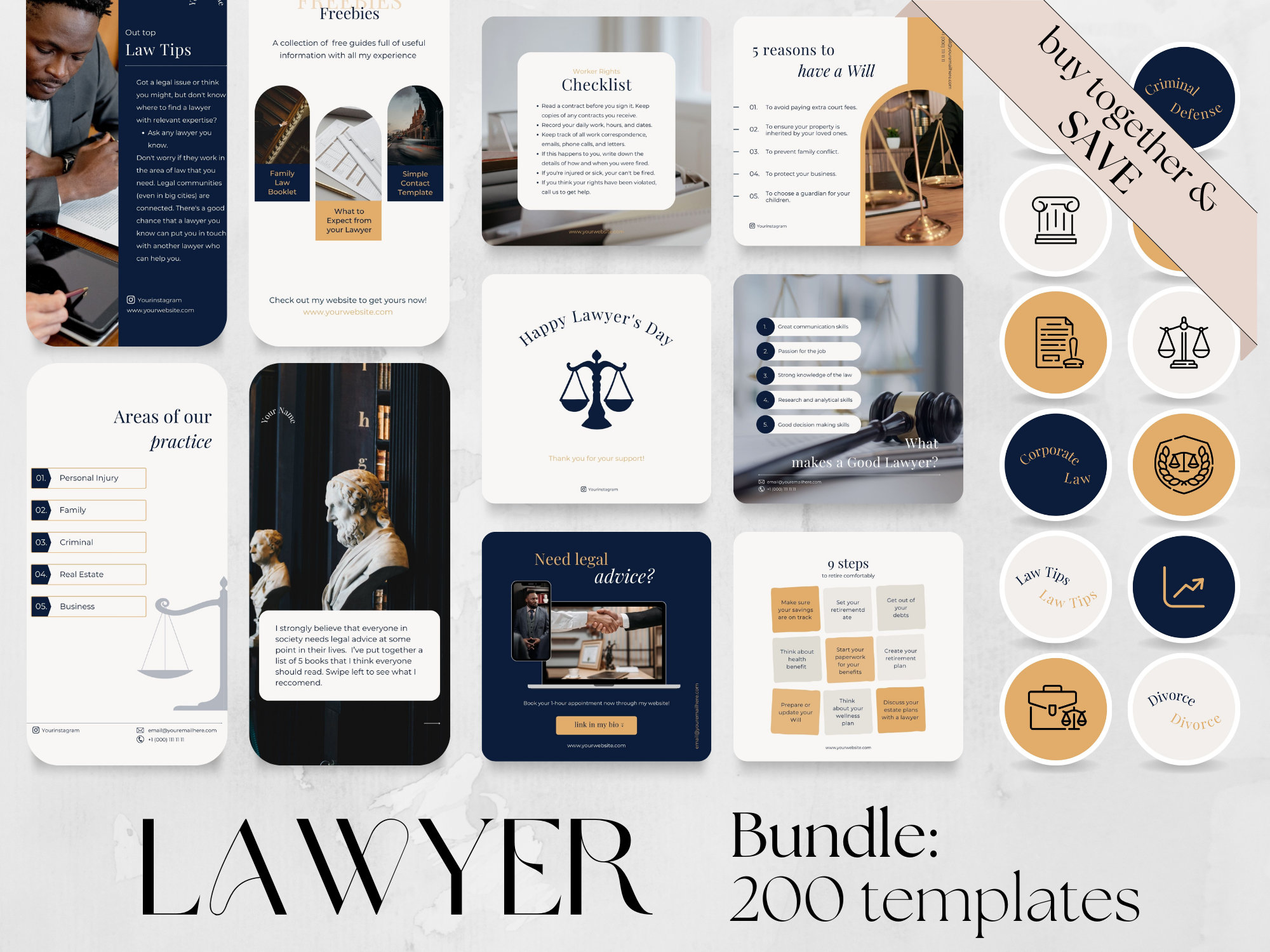 200 Lawyer BUNDLE: 60 Posts, 60 Stories, 80 Highlight Covers Template ...