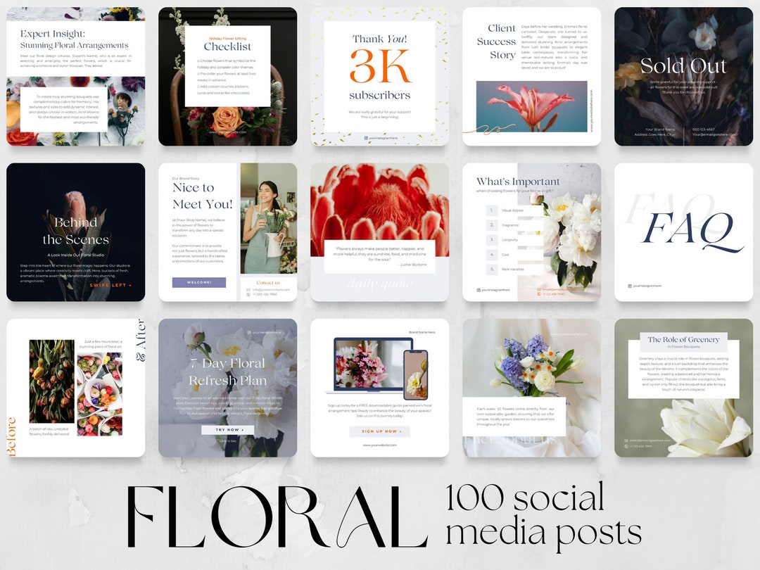 100 Floral Social Media Post Templates | Flower Bouquet Shop Business ...