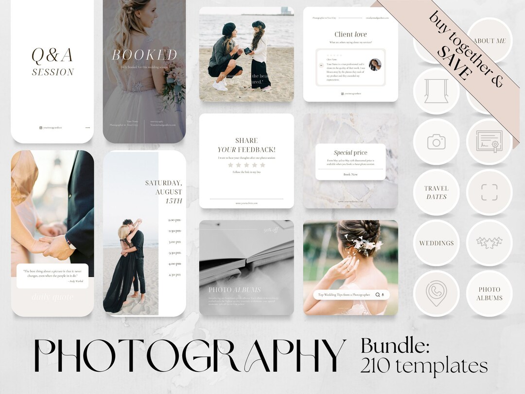 210 Photography Social Media Templates: Posts, Stories, Highlight Cover ...