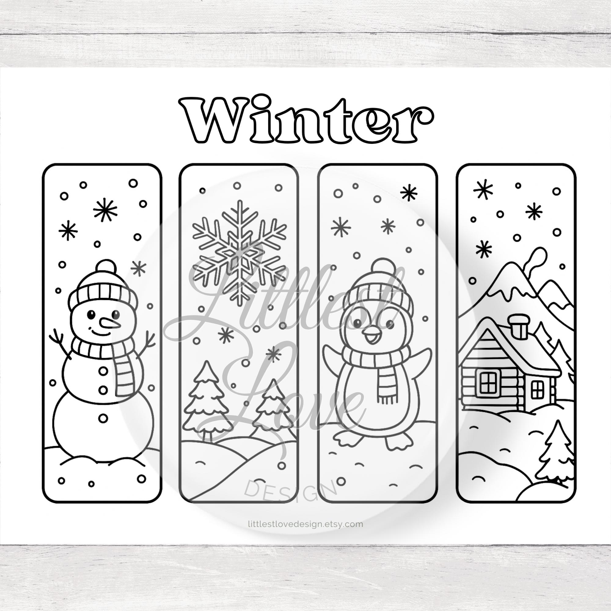 Winter Coloring Bookmarks for Kids | Snowman, Penguin, Snowflake, Cabin ...