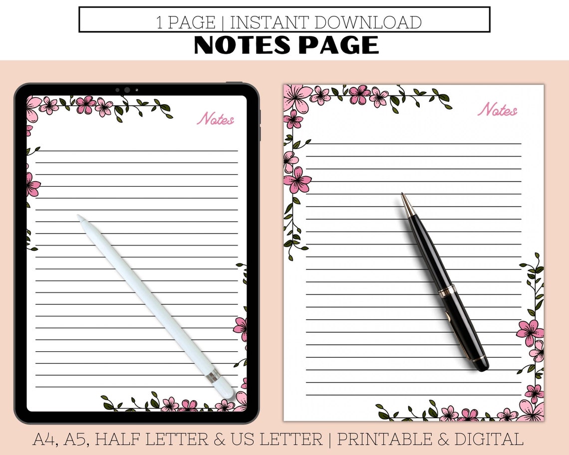 FLORAL NOTES PAGE| Notes Page Printable| Digital Download| Flowers ...