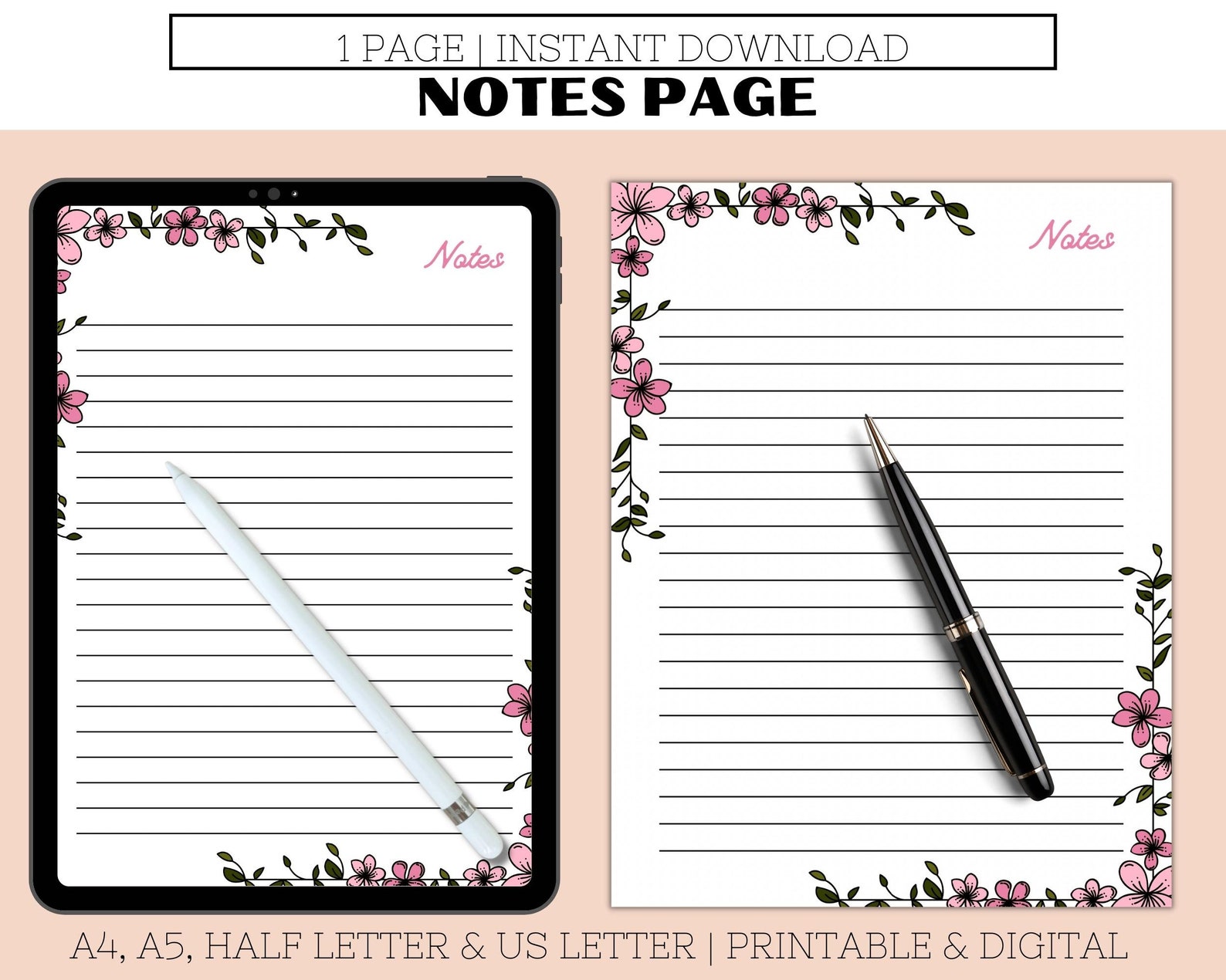 FLORAL NOTES PAGE| Notes Page Printable| Digital Download| Flowers ...