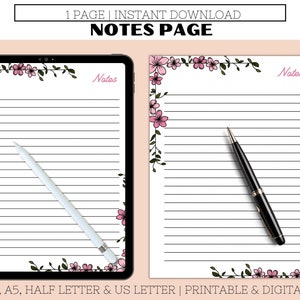 FLORAL NOTES PAGE| Notes Page Printable| Digital Download| Flowers ...
