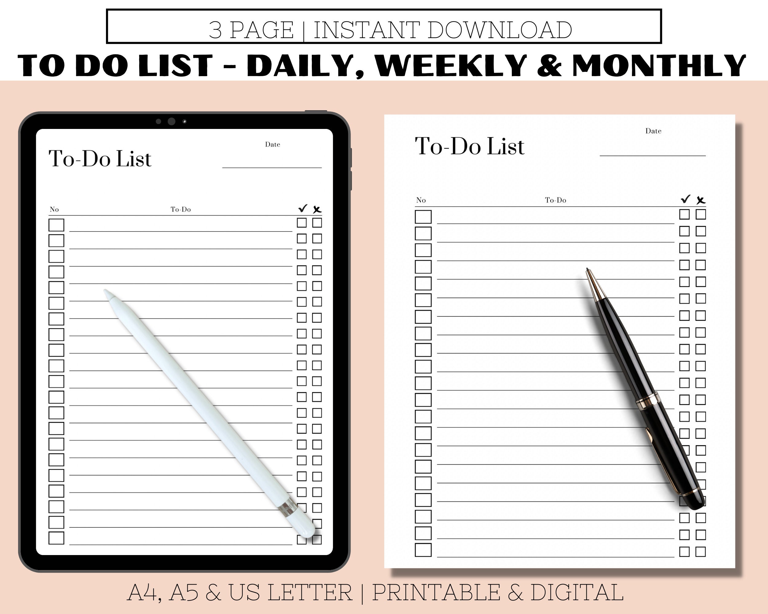 Minimalist to Do List Printable and Digital, Daily, Weekly, Monthly ...