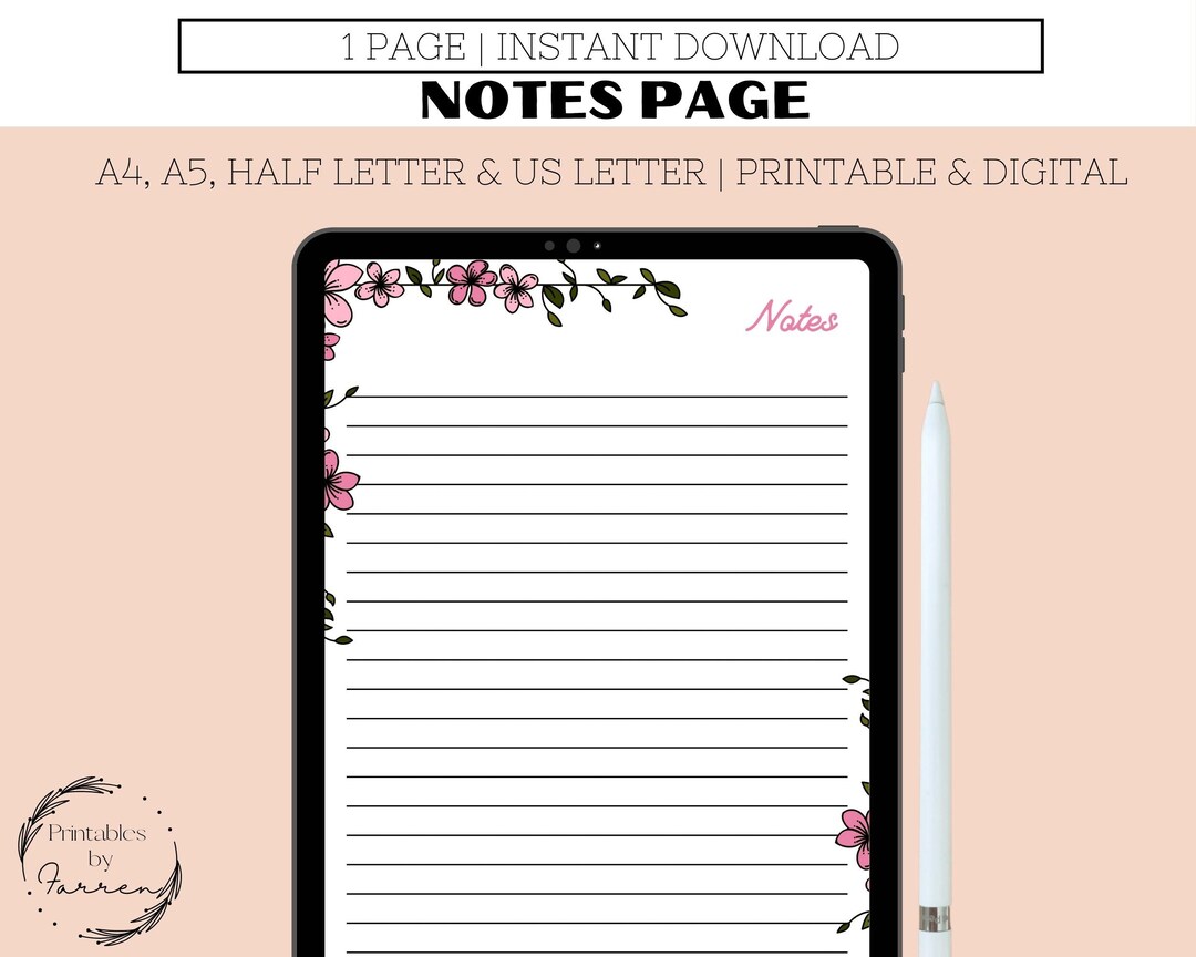 FLORAL NOTES PAGE| Notes Page Printable| Digital Download| Flowers ...