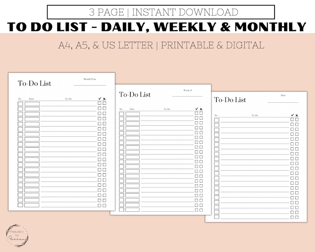 Minimalist to Do List Printable and Digital, Daily, Weekly, Monthly ...