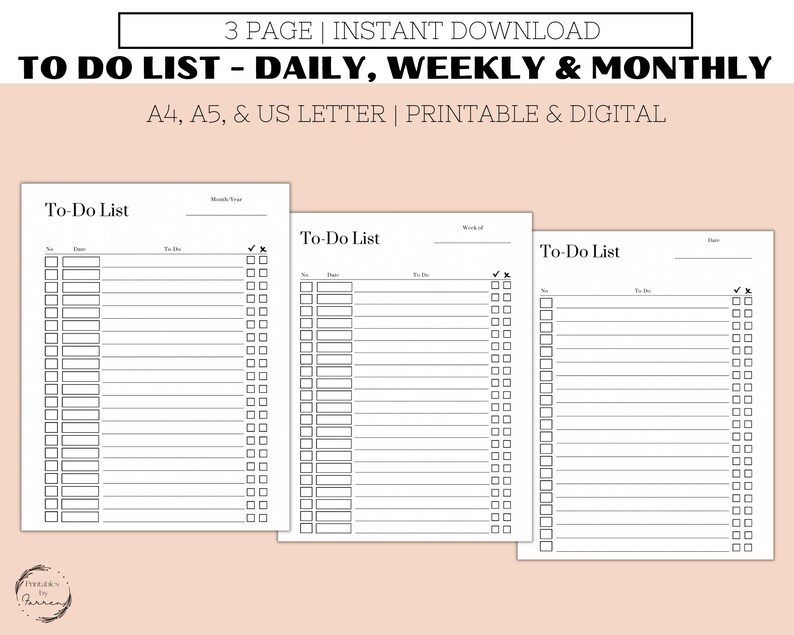 Minimalist to Do List Printable and Digital, Daily, Weekly, Monthly ...