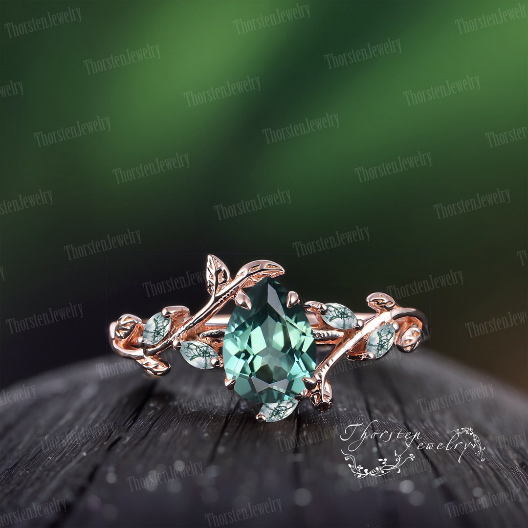 Pear Green Sapphire Engagement Ring Rose Gold Bridal Ring Vintage Leaf ...