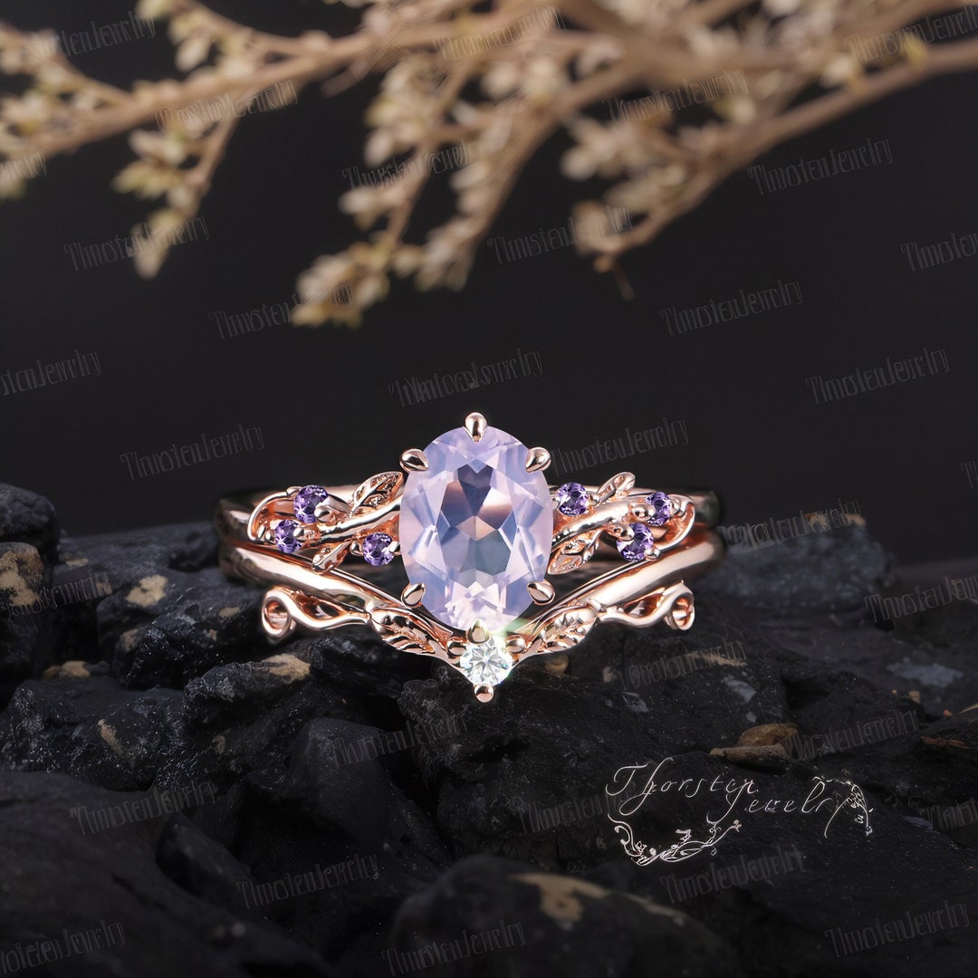 Oval Lavender Amethyst Engagement Ring Sets Rose Gold Bridal Sets ...