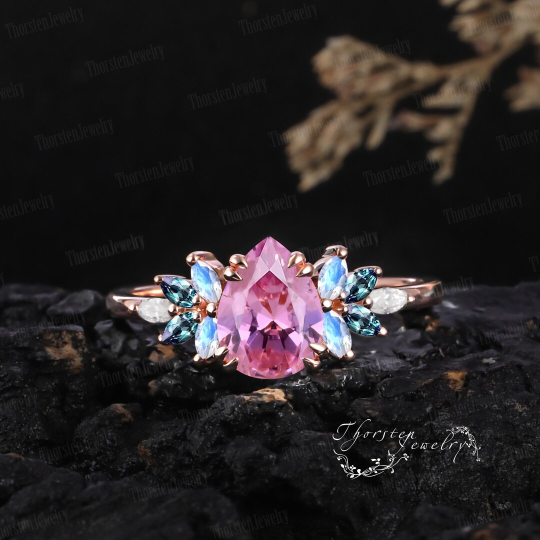 Unique Pear Pink Sapphire Engagement Ring 14k Rose Gold Bridal Wedding ...