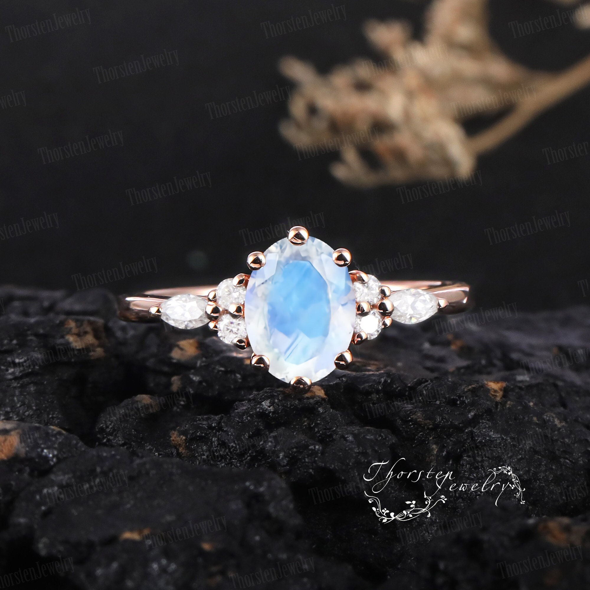 Oval Moonstone Engagement Ring 14K Rose Gold Promise Ring Vintage Wedding Ring Unique Art Deco Ring Anniversary Ring For Women Jewelry Gift Etsy