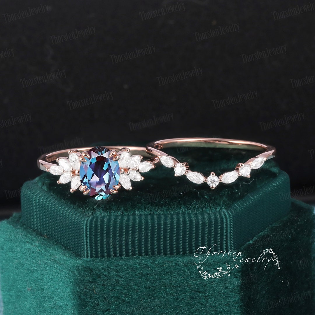 Vintage Oval Alexandrite Engagement Ring Sets Promise Ring 14k Rose ...